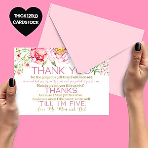 Cottage Floral Baby Shower Thank You Cards with Envelopes Blank Notes Prefilled Message Girls, Personalize for Registry Gifts Cute Pink and Gold Notecard Set 4x6 Stationery, 15 Pack