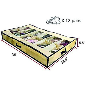 SHONPY Men/Women Adults 12 Cells See Through Underbed Shoe Storage Bag Organizer, Beige 