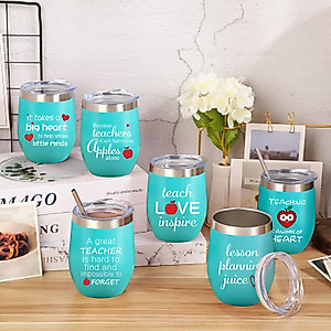 6 Pack Teacher Gifts Teacher Tumbler Bulk 12oz Stainless Steel Teacher Wine Glass with Lids and Straws Teacher Appreciation, Birthday Gifts for Daycare, Preschool, Kindergarten Teacher(Mint)