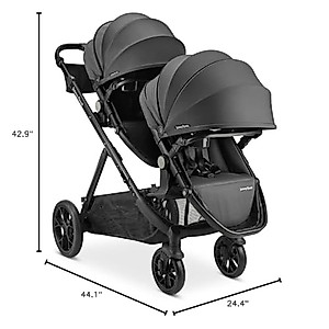Joovy Qool Double Bundle Double Stroller with Reconfigurable Seats, Magnetic Safety Harness with Padding, UPF 50 Sun Canopy, and Large Storage Basket, Jet