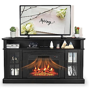 SIMOE 58 Inch Electric Fireplace TV Stand for TVs up to 65 Inch, Modern TV Console with 23'' Fireplace, 2 Open Shelves & Cabinets, Fireplace Heater with 3 Brightness, 6H Timer & Remote Control, Black