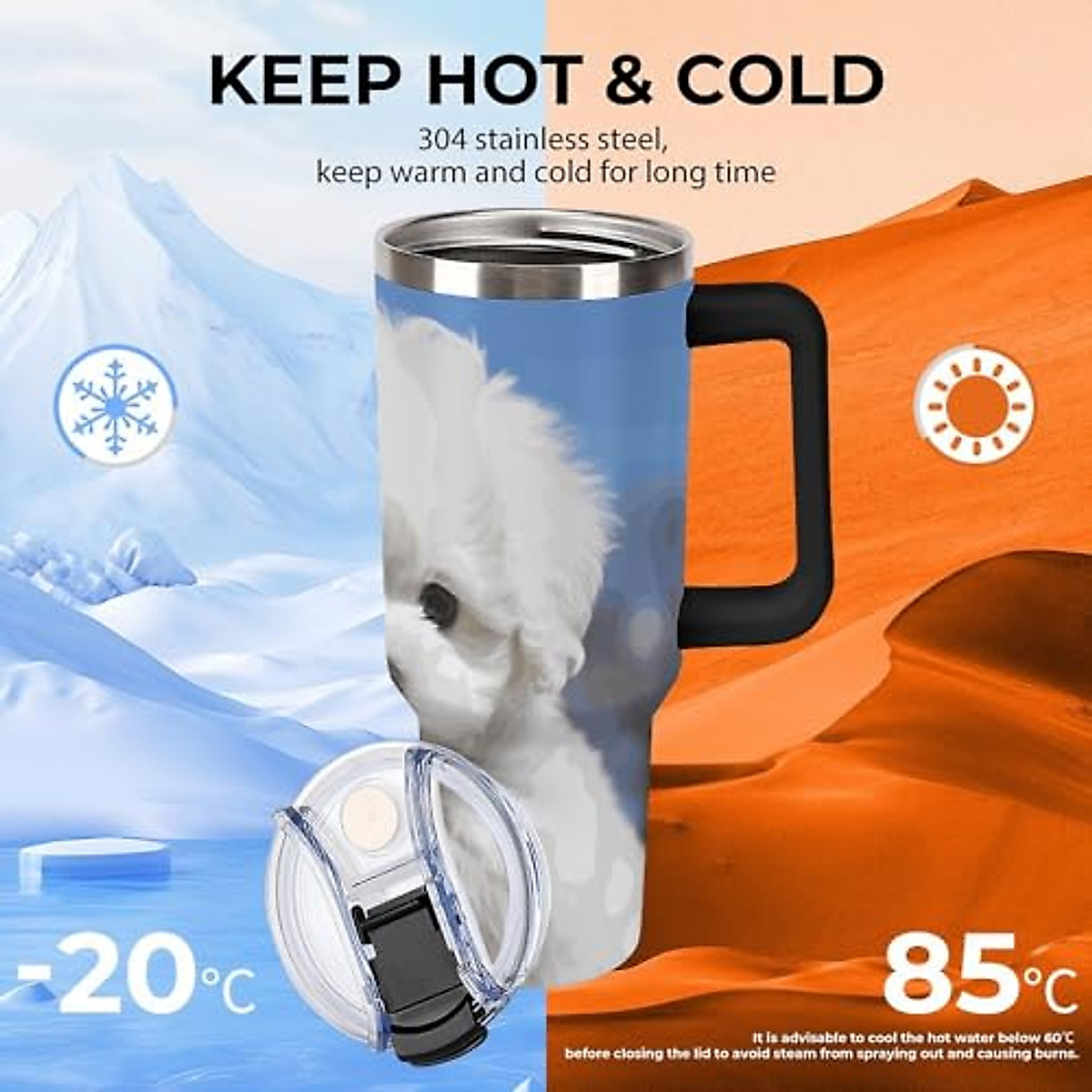 LLUTSNTH 40 Oz Vacuum Tumbler with Black Handle Leakproof Insulated Tumbler Bichon Frise Dog Stainless Steel Travel Mug with Lid And Straw Coffee Cup Cute Water Bottles Cup Holder Friendly