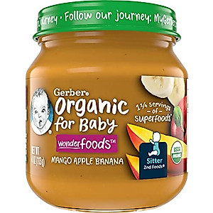 Gerber Organic for Baby Wonder Foods 2nd Foods Baby Food Jar, Mango Apple Banana, USDA Organic Pureed Baby Food with Superfoods, 4-Ounce Glass Jar (Pack of 6)