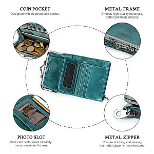 Contacts Womens Kiss Lock Wallet Leather Small Zipper Coin Pocket for Women Blue Bifold Rfid Clasp Purse Card Holder with Photo Window