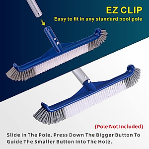 POOLAZA Pool Brush, 17.5" Pool Brushes for Cleaning Pool Walls, Premium Nylon Bristles Pool Brush Head with EZ Clip, Curved Ends High-Efficiency Pool Scrub Brush