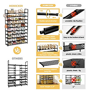 HOMICKER Shoe Rack,10 Tier Shoe Organizer Large Shoe Storage with Hooks,Fit 40-50 Pairs Shoes,Metal Tall Shoe Shelf for Closet,Entryway,Garage,Bedroom