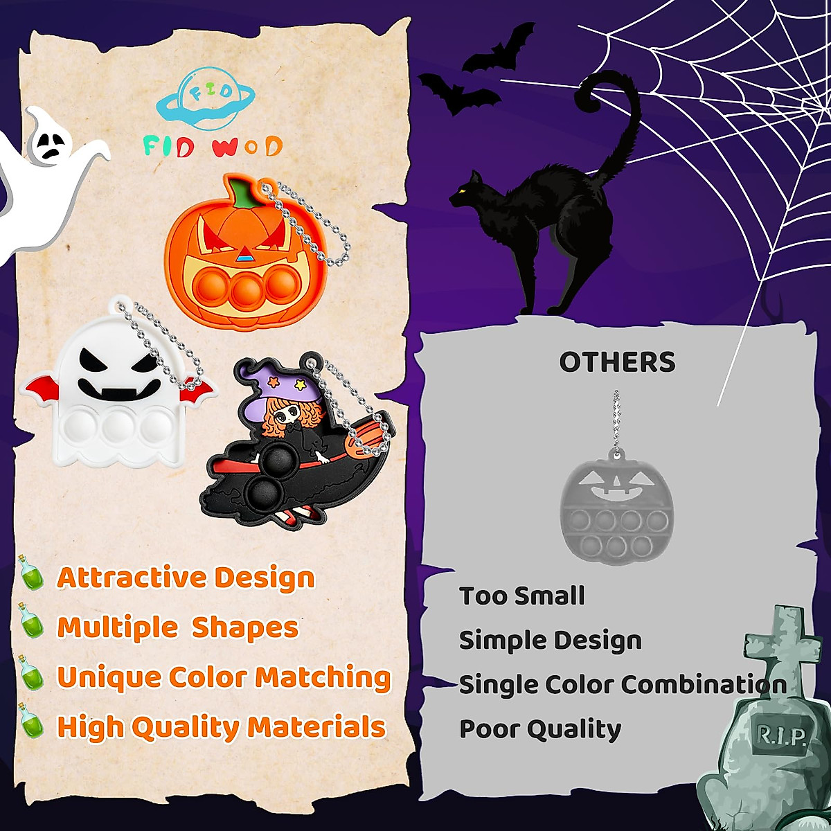 FIDWOD 32Pcs Halloween Party Favors Packs: Pop Fidget Toys Keychain with Halloween Style Cards for Kids - Stocking Stuffers Goodie Bag Fillers - Stress Relief Sensory Toys Set