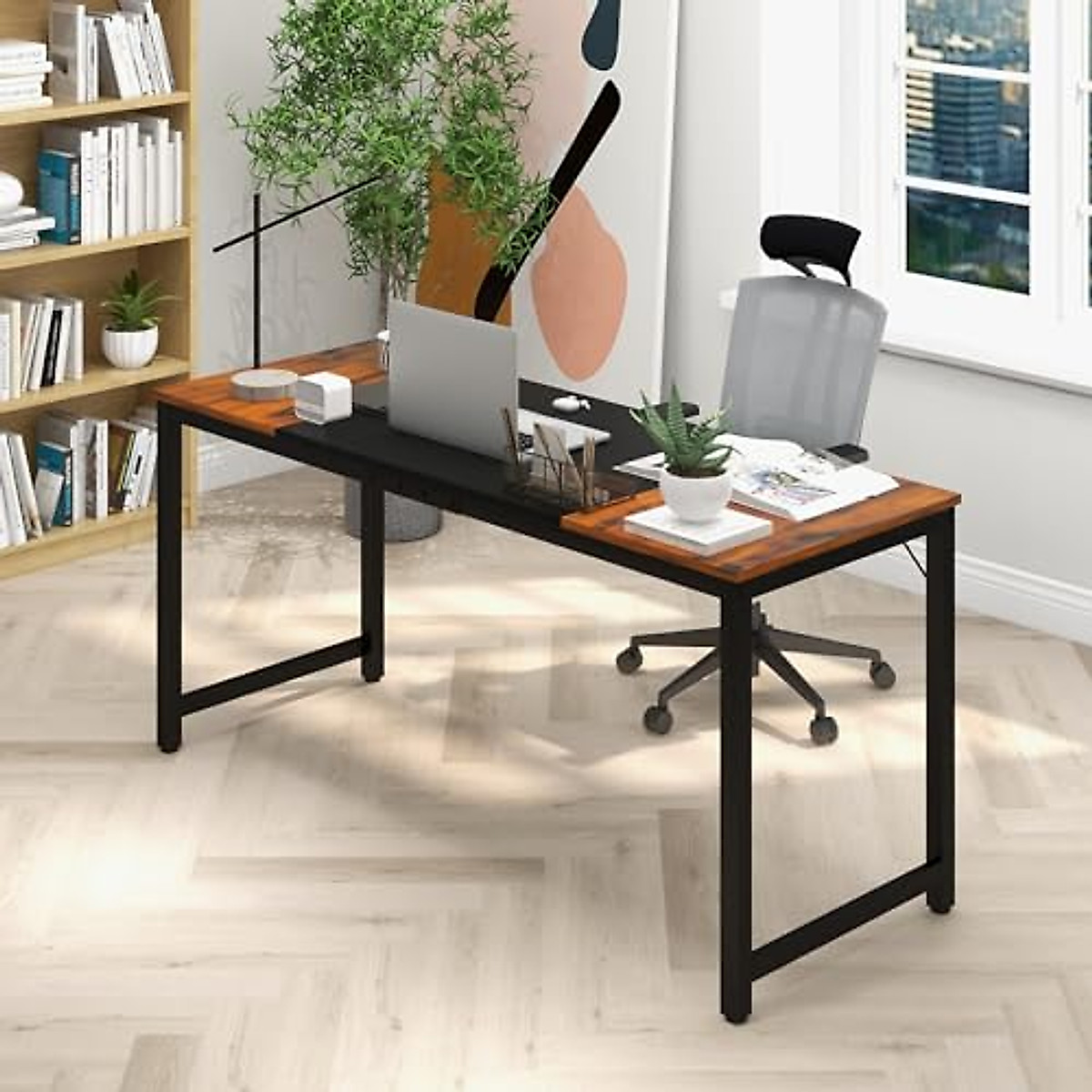 Tangkula 63” x 24” Conference Table, Meeting Table with Metal Frame & Adjustable Foot Pads, Seminar Boardroom Table, Training Table for Office, Black & Rustic Brown