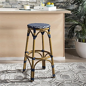 SAFAVIEH Outdoor Collection Kipnuk Navy and White and Light Brown Indoor/Outdoor Stacking Bar Stool