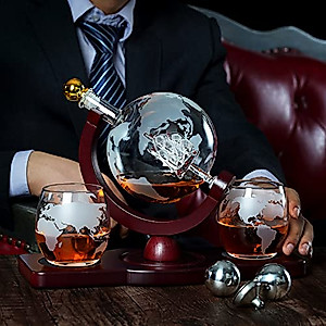 Gifts for Men Dad, Whiskey Decanter Globe Set with 2 Ball Stones & 2 Glasses, Anniversary Birthday Gifts for Him Husband, Unique Christmas Gift for Bourbon Scotch Liquor Vodka, Cool Stuff