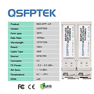 1 Pair 10G SFP+ Bidi Transceivers, 10gbe SFP LC Single-Mode Module, Bi-Directional Mini gbic for Cisco SFP-10G-BXD-I (1330nm-TX/1270nm-RX) / SFP-10G-BXU-I (1270nm-TX/1330nm-RX),10KM, with DDM