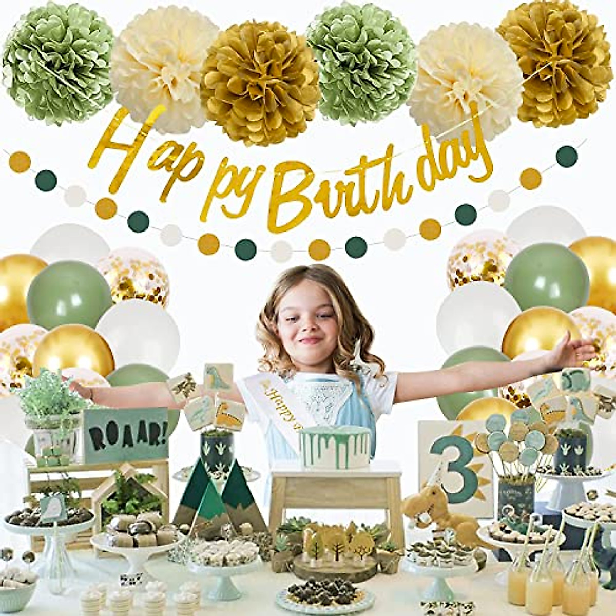 Sage Green Birthday Party Decorations with Happy Birthday Banner,Gold Fringe Curtain,Circle Dots Garland,Tissue Pompoms,Paper Tassels Garland for Girls Women Birthday Decor