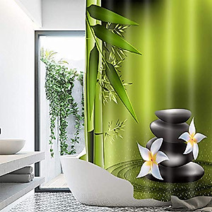 EARVO Spa Theme Shower Curtain Green Bamboo Water Ripples Basalt Massage Stones Triplets for Meditation Theraphy Relaxing Bathroom Decor Waterproof Cloth 48x72 inches 12 Hooks LYEA661-48