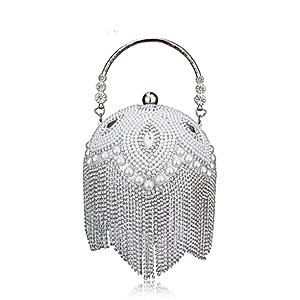 ZLXDP Tassel Pearl Beaded Crystal Party Evening Bag Wedding Round Ball Wrist Bag Round Clutch Purse Handbag (Color : White-Fruit peach5, Size : 1)