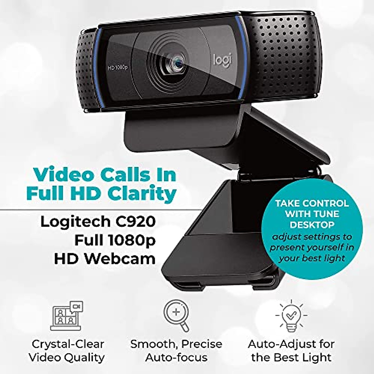 Logitech Webcam C920 HD Pro Bundle with Tripod, Privacy Shutter & Cleaning Cloth - Privacy Cover Computer Webcam Microphone - 1080p Streaming Wide Angle Video Camera - 1080P Desktop Web Camera