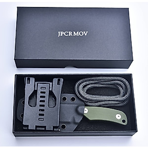 JPCRMOV Hunting knife Survival EDC for Men, 5.87" Compact Fixed Blade Knife Full Tang with kydex sheath Vertical/Horizontal, Camping Neck Knife, 440C Steel, G10 Handle Green