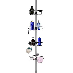 Utopia Alley Flat Shelf Tension Rod Shower Organizer - Rustproof Corner Shower Caddy with 4 Adjustable Shelves - Stand Up Shower Corner Shelf, Bathtub Corner Rack - Matte Black Finish