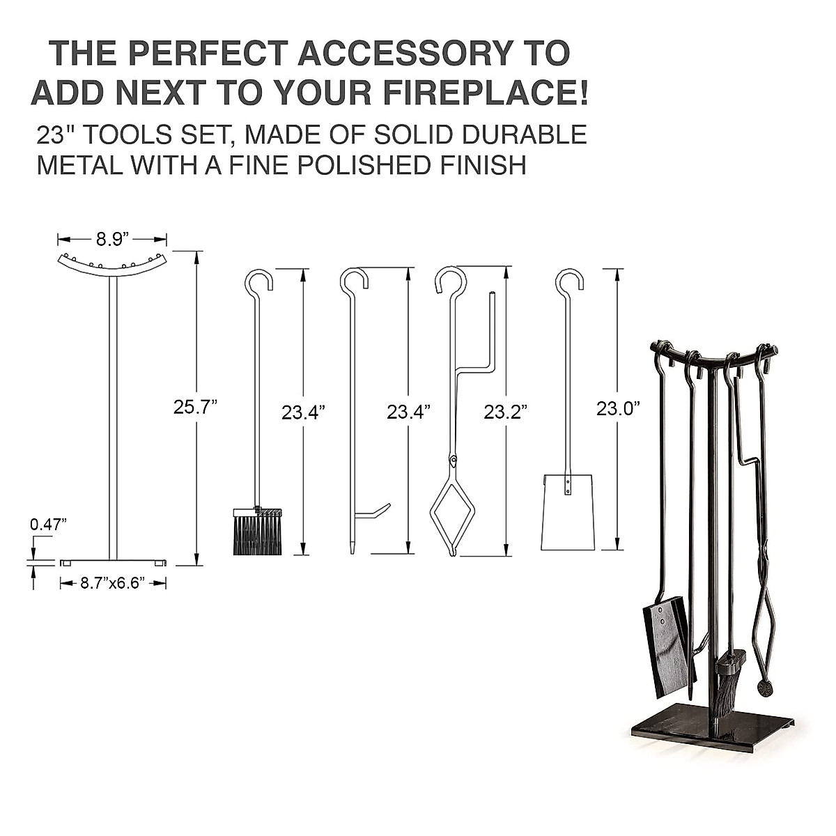 2WAYZ 5-Piece Fireplace Tools Set - Modern Glossy Finish Black Fireplace Accessories - Includes Tongs, Fire Poker, Shovel, and Brush - Powder-Coated Cast Iron Fire Pit Tools for Chimney - 25x9x2-Inch