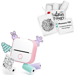 Memoqueen Mini Sticker Printer T02 Portable Thermal Printer, Instant Photo Printer Set & 3 Rolls Transparent Adhesive Thermal Paper