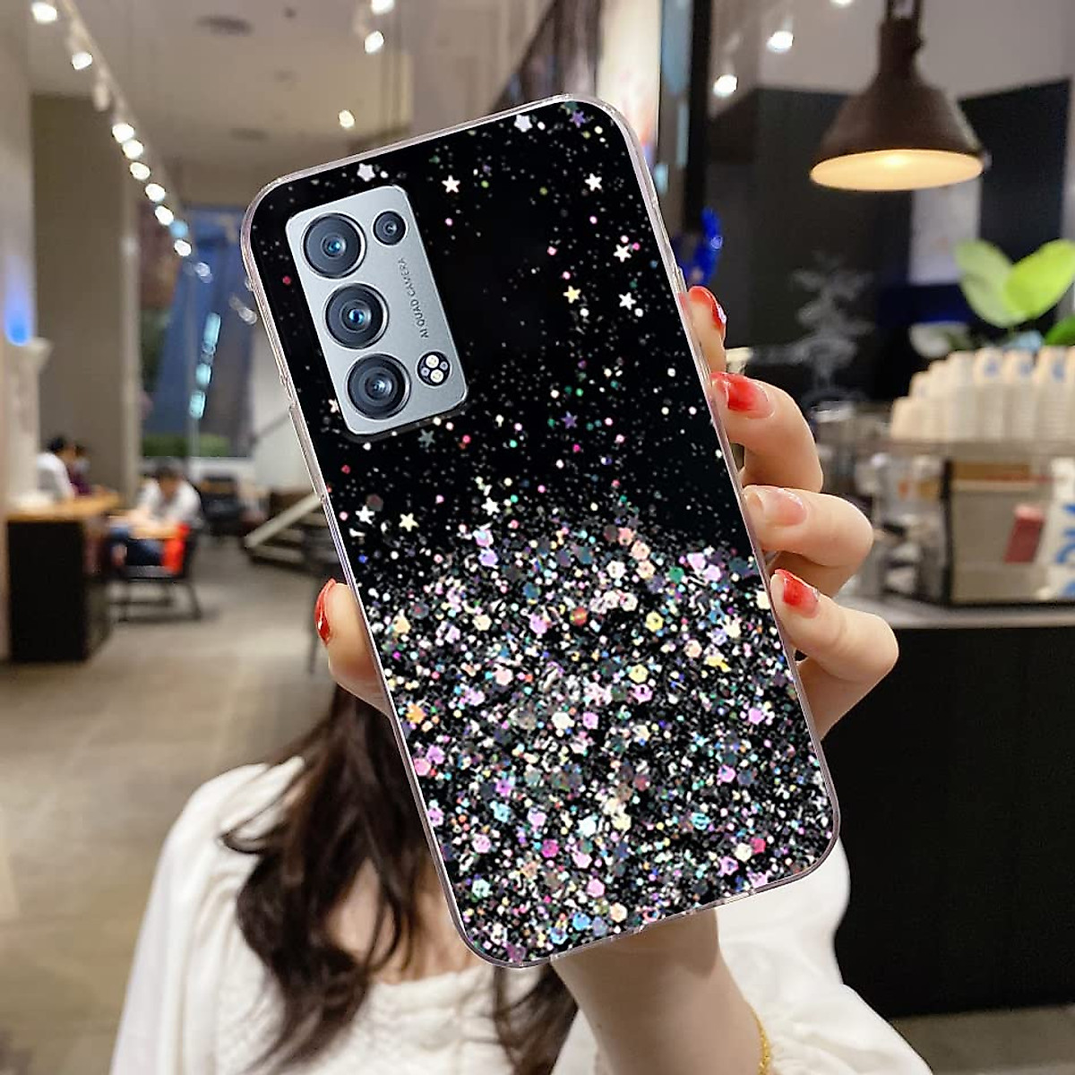 for Oppo Reno 6 Pro 5G Case Silicone，Clear Oppo Reno 6 Pro 5G (Snapdragon) Phone Case Speck, Ultra Slim 0.3mm Soft Shockproof Protective Glitter Cute Phone Cover for Women Green (Black)