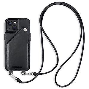 LUCKYCOIN for iPhone 13 Mini Crossbody Case Genuine Leather Card Slot Holders Wallet Protective Case Adjustable Leather Strap Lanyard Compatible with 2021 New Apple iPhone 13 Mini 5.4 inch Black