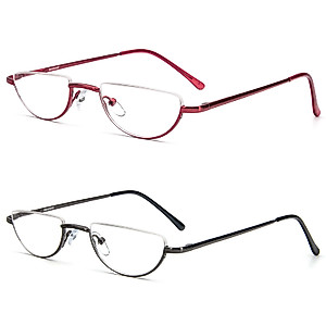 REAVEE 2 Pack Retro Designer Half Moon Reading Glasses Women Men Spring Hinge Half Frame Readers Stylish Slim Eyeglasses with Pouch,Red and Gun Grey 2.0