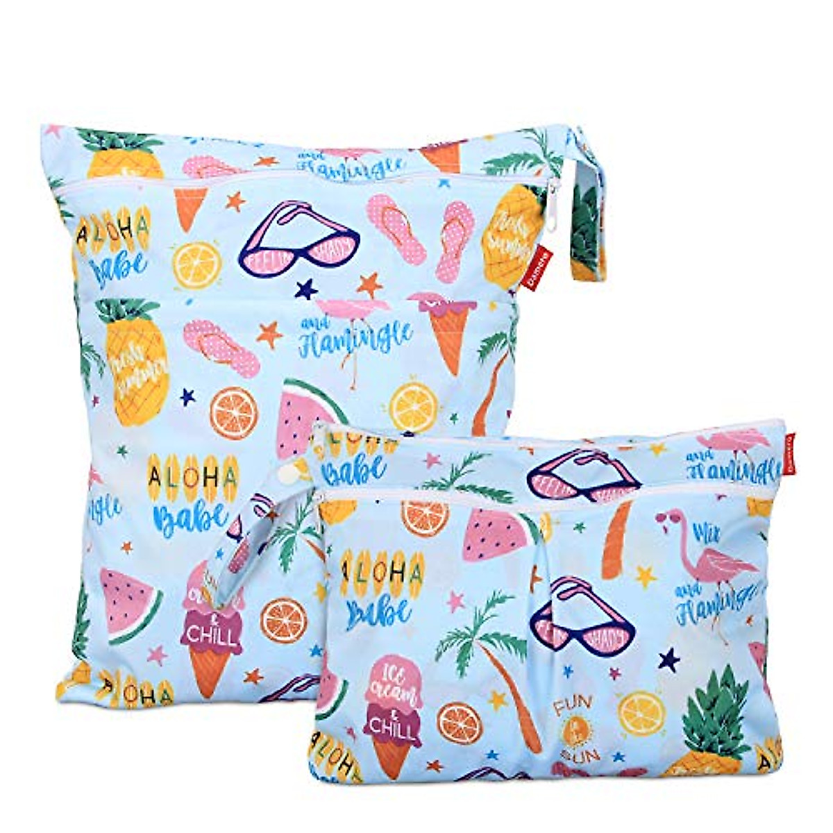 Damero 2Pcs Wet Dry Bag with 2 Zippered Pockets and Snap Handle for Cloth Diaper, Swimsuit, Clothes, Ideal for Travel, Exercise, Daycare, Roomy and Water-Resistant (Small+Large,Summer Style)