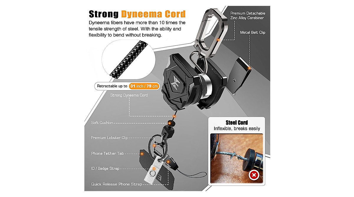 ELV Heavy Duty Retractable Keychain with 31" Dyneema Cord