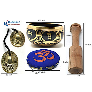3.75" Exquisite Tibetan Singing Bowl Set for Meditation ~ Mantra Symbols Painted ~ Om Nava Sivaya Tingsha Cymbals~ Silk Cushion & Wooden Mallet Included ~Handmade in Nepal by Thamelmart