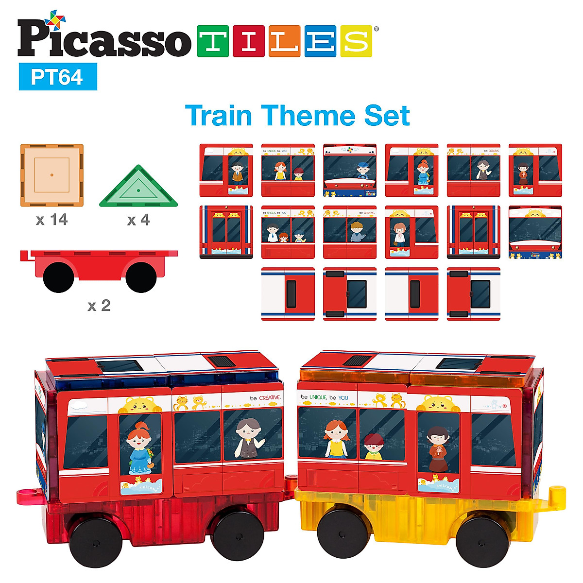 PicassoTiles Magnet Building Blocks STEM Learning Construction Toy Set Early Education Kit 3-in-1 Rocket, School Bus, Train Theme Stick-On Puzzle Pretend Play Magnetic Tiles Kids Building Block Toys
