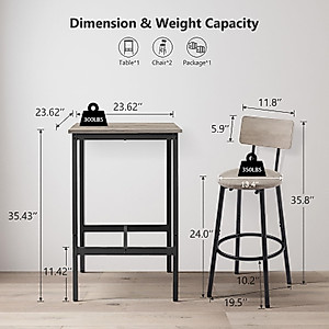 Noskatu 3-Piece Dining Table Set for 2, Modern Bar Table and Chairs Set for Small Space Kitchen Wooden Square Dinette Set with PU Padded Chairs Metal Frame for Apartment Breakfast Nook, Grey