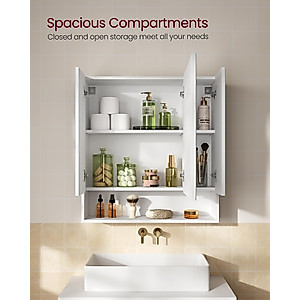 VASAGLE Medicine Cabinet Mirror, Bathroom Mirror with Storage, Bathroom Mirror Cabinet, Wall Mirror Cabinet, Open Compartment, Adjustable Shelves, 6.5 x 27.6 x 29.5 inches, Cloud White UBBK129W01