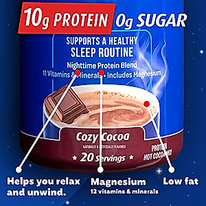 Premier Protein Good Night Protein Powder, Hot Cocoa Mix, 10g Protein, 0g Sugar, 11 Vitamins & Minerals, Nighttime Protein Blend, Magnesium, Zinc, 20 Serve, 1 Tub