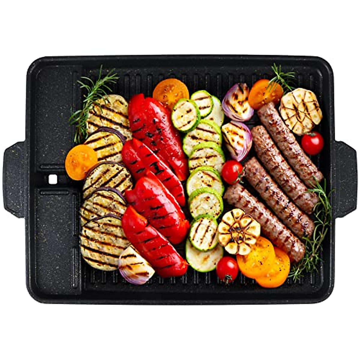 Sanbege BBQ Grill Pan with Nonstick Maifan Stone Coating and Oil Drain, 12.2" Smokeless Griddle Plate for Gas Stove, Indoor or Outdoor Open Flame Grilling (Rectangular)