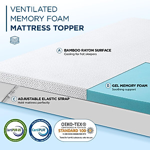 3 Inch Gel Memory Foam Mattress Topper King Size, High Density Ventilated Memory Foam Bed Mattress Topper for Back Pain,Non-Slip Design with Removable Bamboo Cover