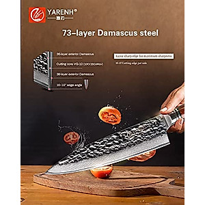 YARENH Chef Knife 8 Inch with Wood Sheath, Japanese Damascus High Carbon Stainless Steel, Full Tang Sandalwood Handle, Professional Kitchen Knife