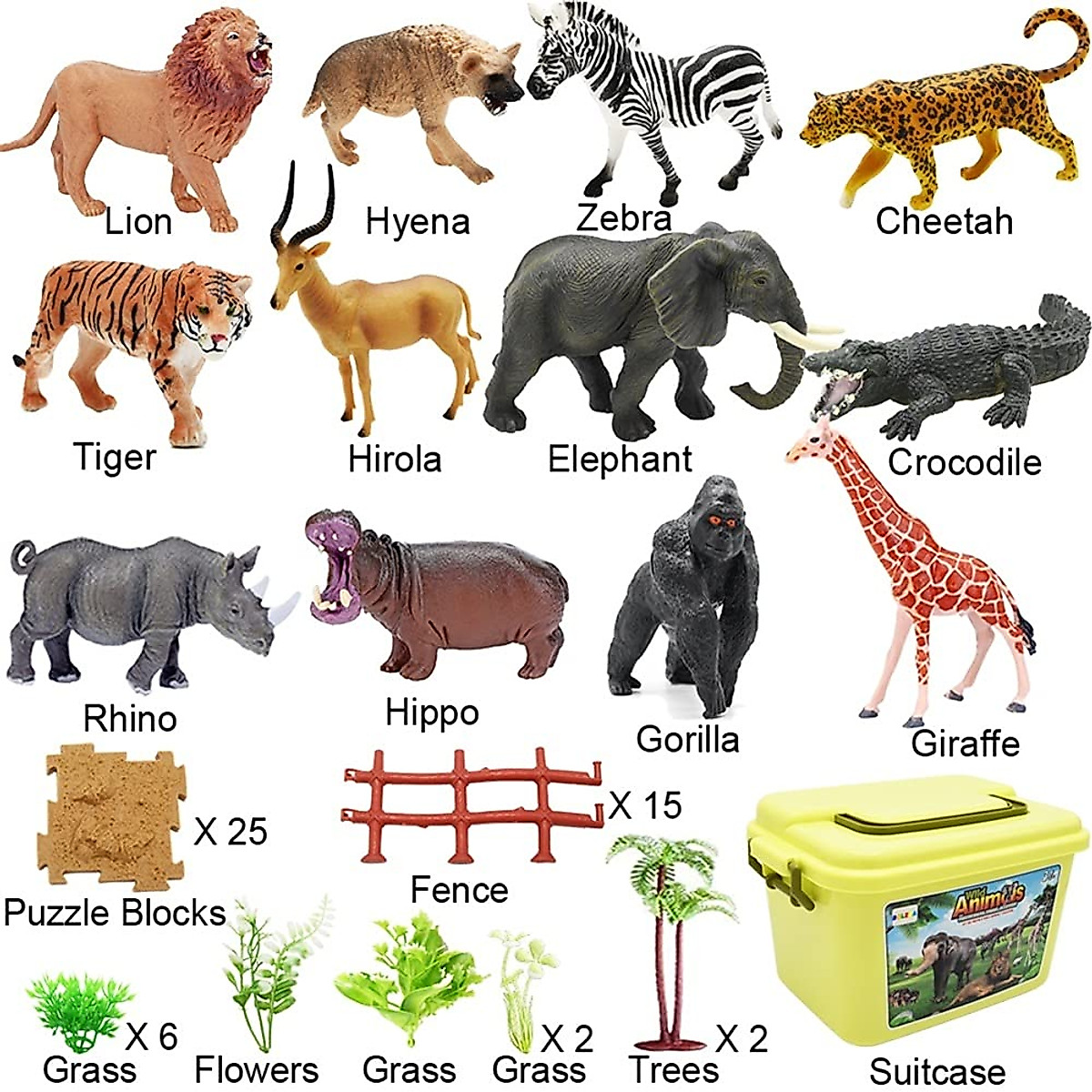 65PCS Safari Animal Figurines Toy Set, Realistic Jungle Zoo Figures with Elephant, Lion, Giraffe, Fence, Building Blocks for Kids Ages 3-8