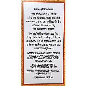 Trader Joes Organic Blood Orange Rooibos Herbal Tea Blend, Flavored with other Natural Flavors, Caffeine Free, 20 Tea Bags, 1.13 ounces (32 grams)