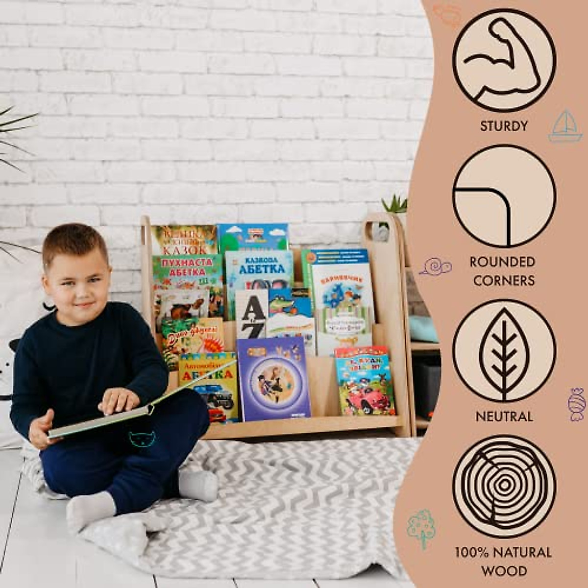Goodevas Wooden Book Shelf Organizer & Toy Storage for Kids - Wood Book Case & Toy Stand Bookcase for Toddler Room - Montessori Display Stand Bookshelf for Children Made in Ukraine