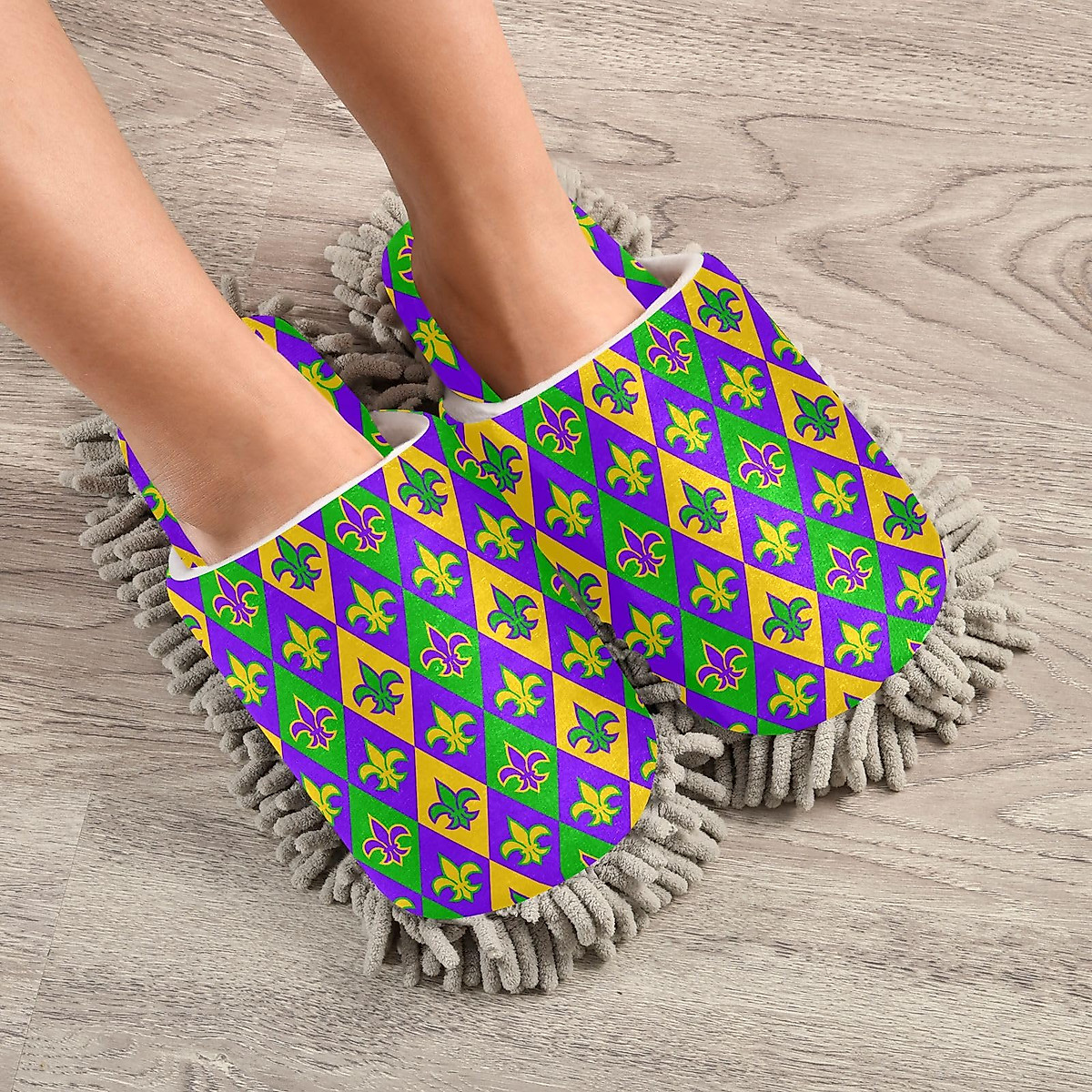 FLildon Microfiber Cleaning Slippers Mardi Gras Washable Mop Shoes Slipper for Men/Women House Floor Dust Cleaner, Size L