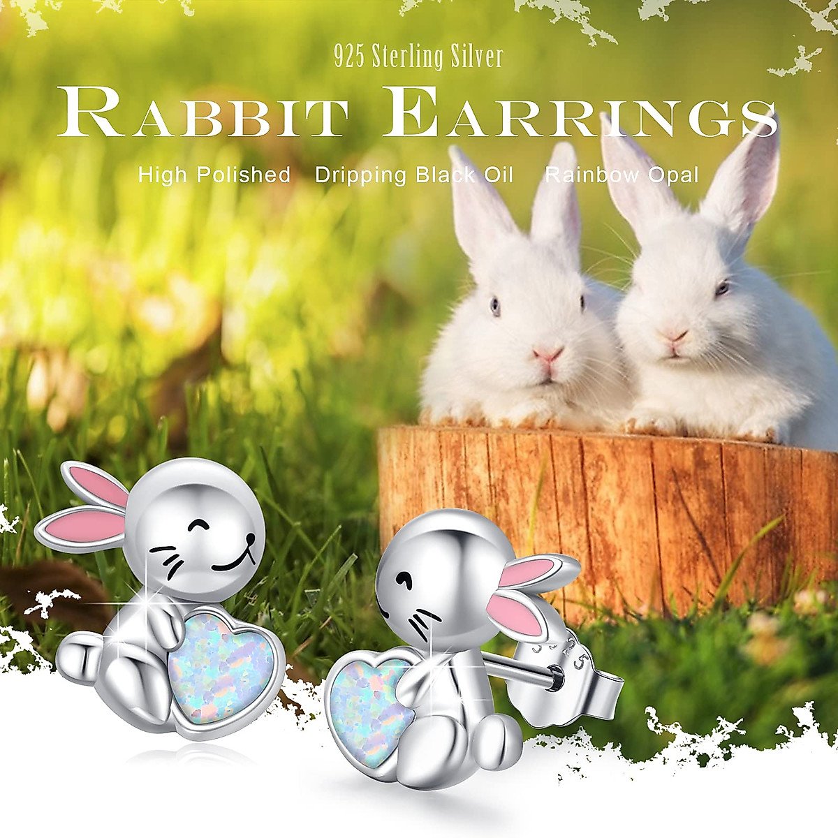 Bunny Earrings for Women Sister Daughter 925 Sterling Silver Cute Rabbit Stud Earrings with Love Opal Hypoallergenic Easter Birthday Christmas Holiday Jewelry Gifts for Sensitive Ears