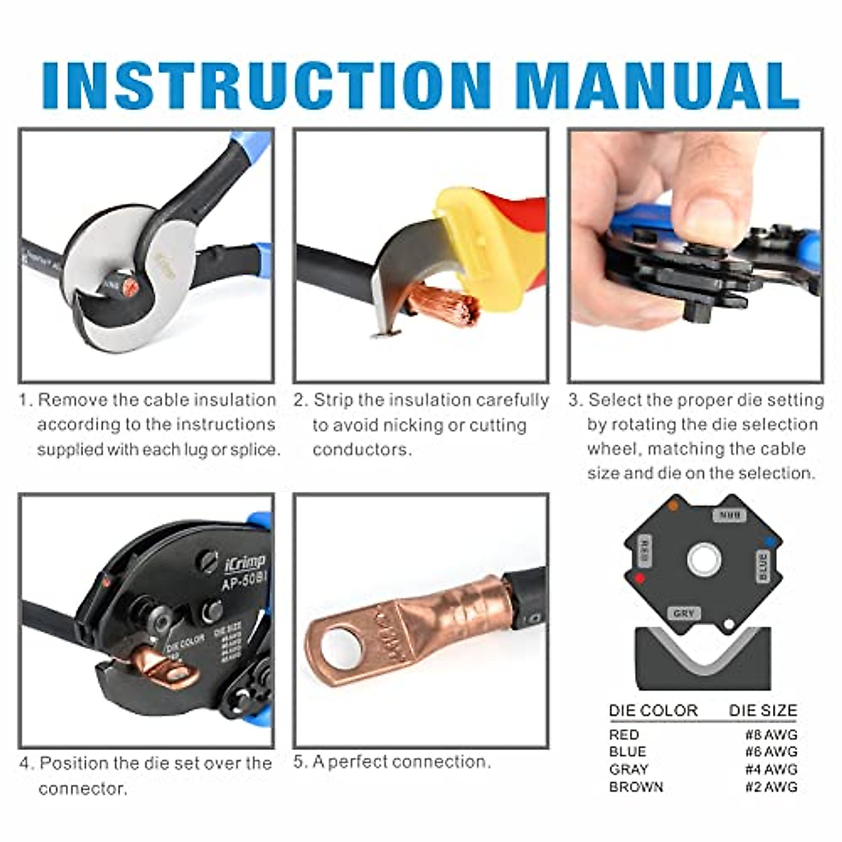 iCrimp AP-50BI Battery Cable Ring Terminal Crimper for 8, 6, 4, 2AWG Copper Cable Lugs, Heavy Duty Wire Lugs and Battery Cable Ends