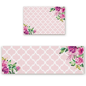 Kitchen Rug Sets 2 Piece Pink Morocco Pattern Non Slip Anti Fatigue Floor Mats Blooming Flowers Spring Comfort Soft Absorb Cushioned Standing Doormat Runner Rugs (15.7x23.6+15.7x47.2 inch)