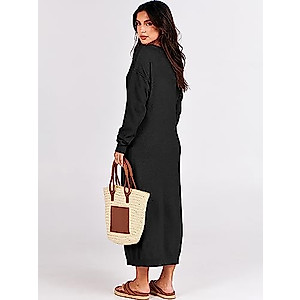 ANRABESS Women Sweater Maxi Dress Long Sleeve Button V Neck Oversized Casual Loose Waffle Knit Fall Long Midi Sweater Dress 2023 Trendy Outfits 1130heise-L Black