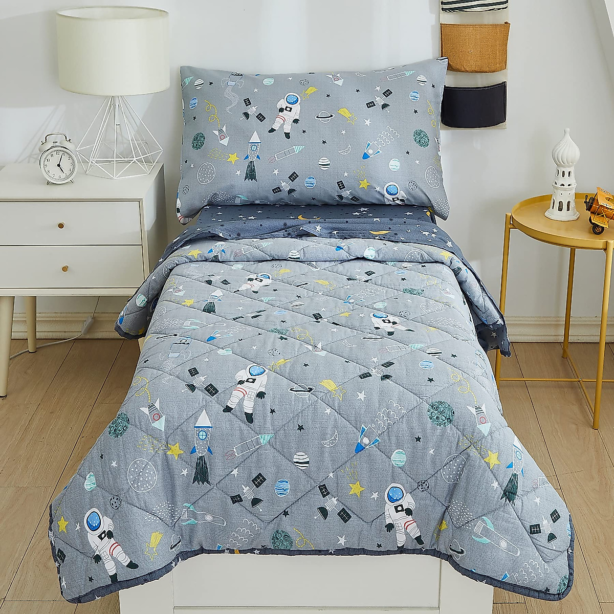 Brandream 4-Piece Toddler Bedding Sets for Boys Space Rocket Galaxy Bed Sheet Set Girls Includes Comforter, Top Flat Sheet, Fitted Sheets and Pillowcases, Cotton