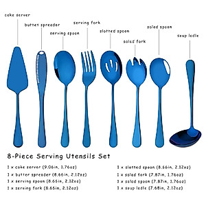 Uniturcky 8 Pcs Blue Serving Utensils, Stainless Steel Flatware Serving Set, Include Cake Server/Slotted Spoon/Serving Spoon and Fork/Soup Ladle/Cheese Spreader, Serveware Set for Buffet & Party