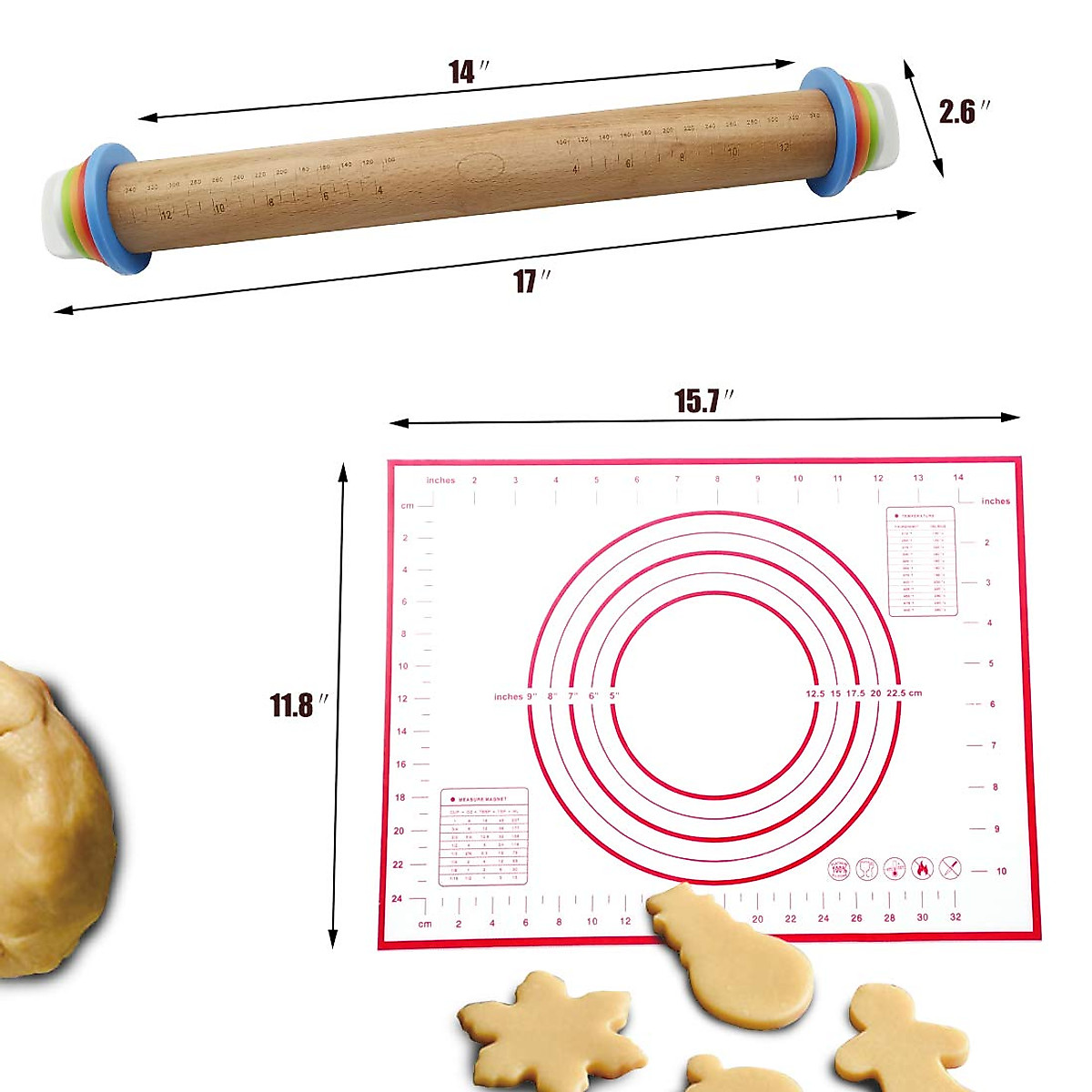 Wood Adjustable Rolling Pin Removable Rings for Baking Bakery Cookies Chapati Fondant Dough Pastry Pizza Pie Wooden Adjustable Rolling Pin By foxwelkin