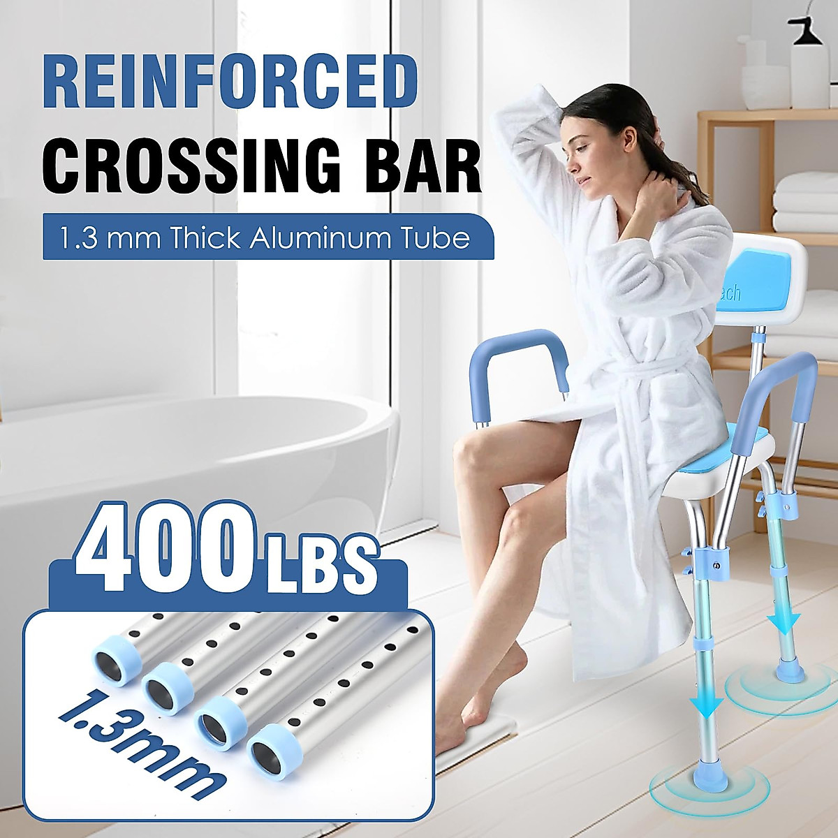 BlessReach Easily Assembled Portable Shower Chair Seat, Adjustable Shower Bench with Arms, Shower Lift Chair with Storage Bags.