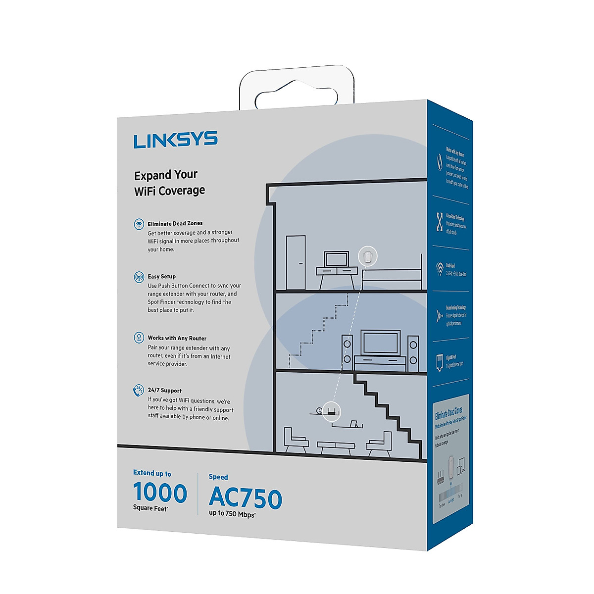 Linksys WiFi Extender WiFi 5 Range Booster, Dual-Band Booster, 1,000 Sq. ft Coverage, Speeds up to (AC750) 750Mbps - RE6300