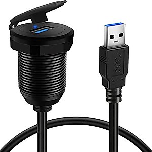 BATIGE Alloy Single Port USB 3.0 Dashboard Port Car Mount Flush Cable, Male to Female Waterproof Extension Cable for Car Truck Boat Motorcycle with LED Indicator - 3ft